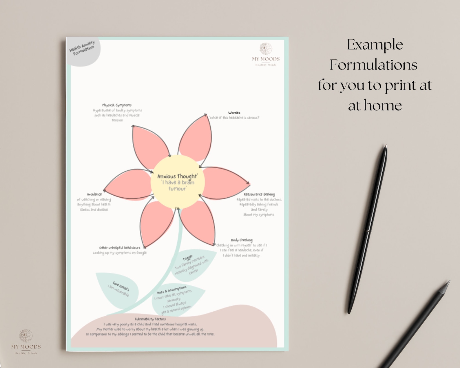 CBT Case Formulation Example CBT Diagram, Thought Challenging Worksheet ...