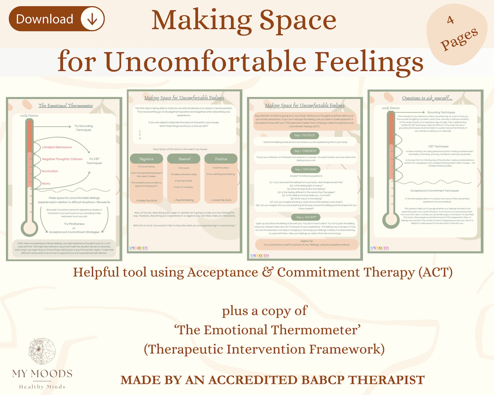 Coping With Emotional Physical Pain ACT Therapy Worksheet for Adults ...