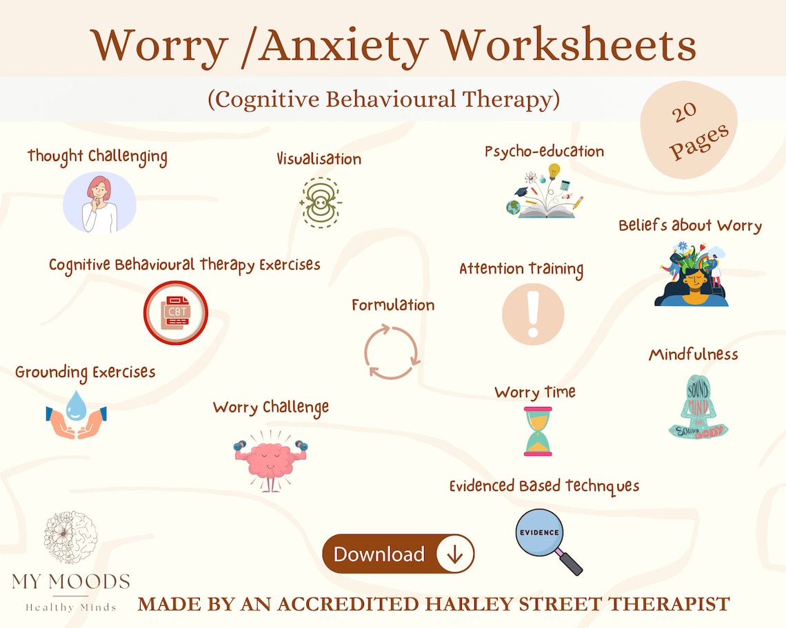 Anxiety Worry Worksheets for Teens Adults, CBT for Worry & Anxiety ...