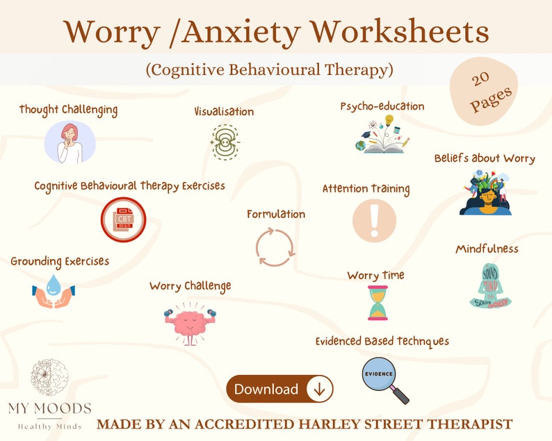 Anxiety Worry Worksheets for Teens Adults, CBT for Worry & Anxiety ...