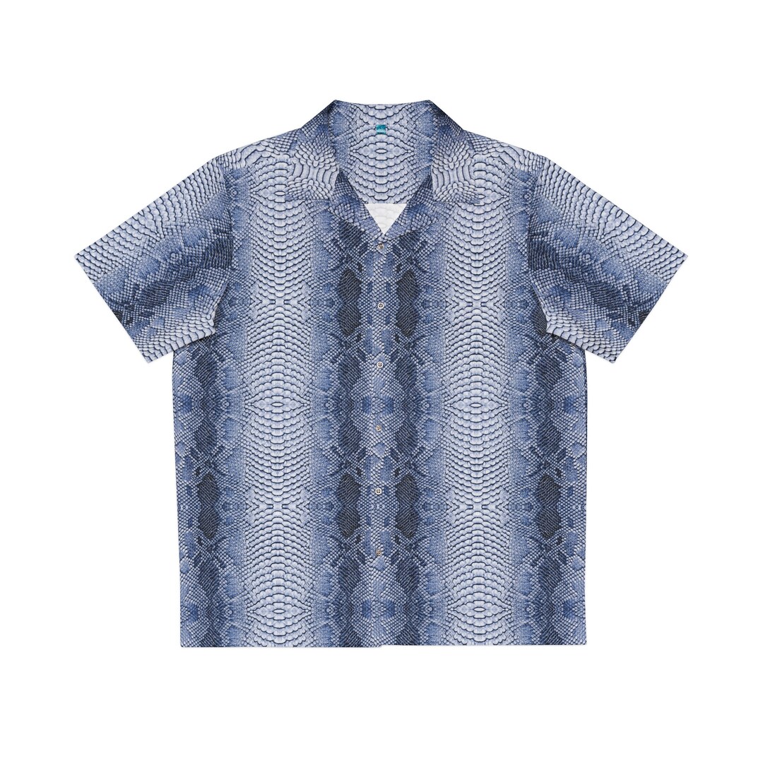 Blue & White Snake Skin Pattern Short Sleeve Button-up for Going Out ...
