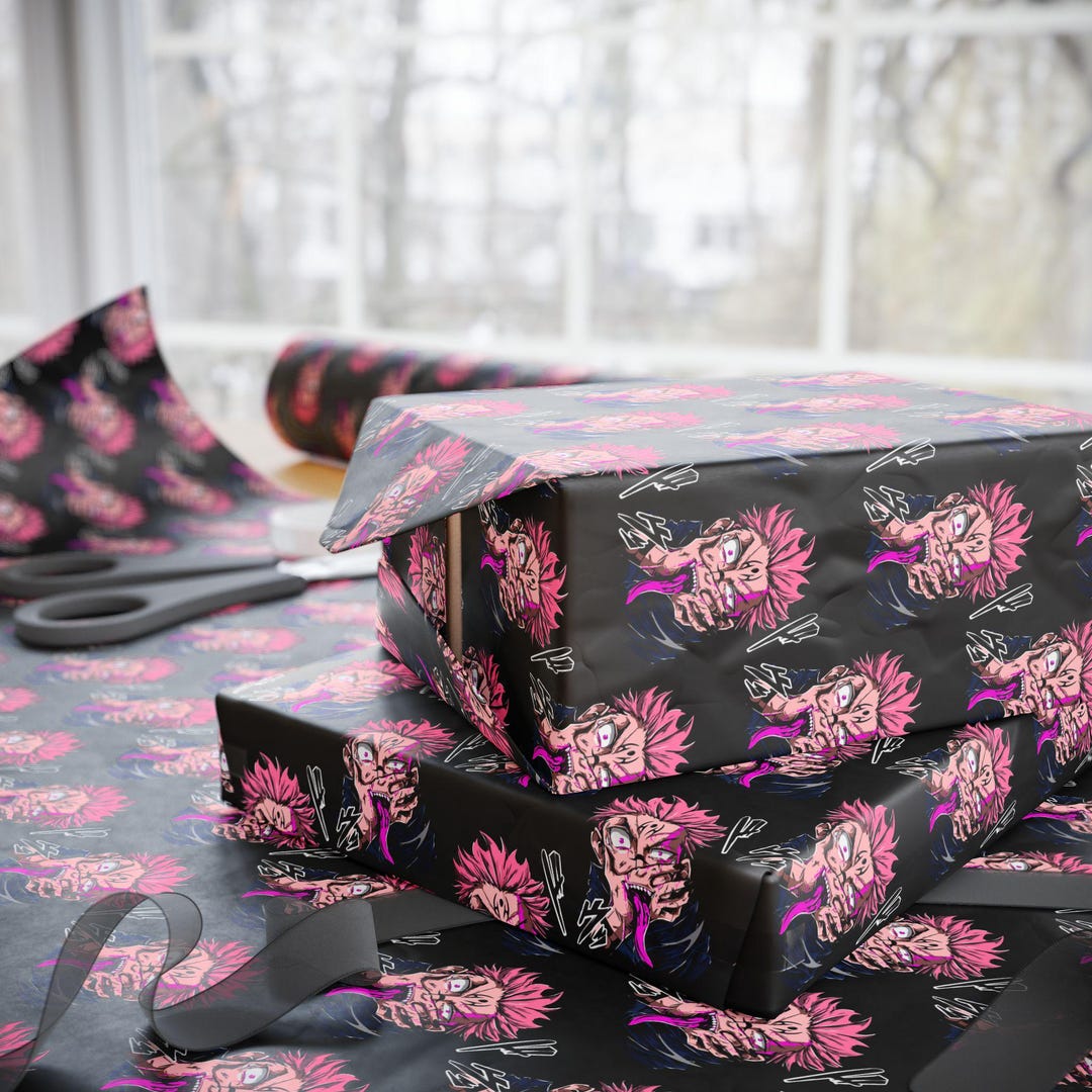Black Anime Wrapping Paper, Kawaii Gift Wrap, Otaku Birthday Wrap ...