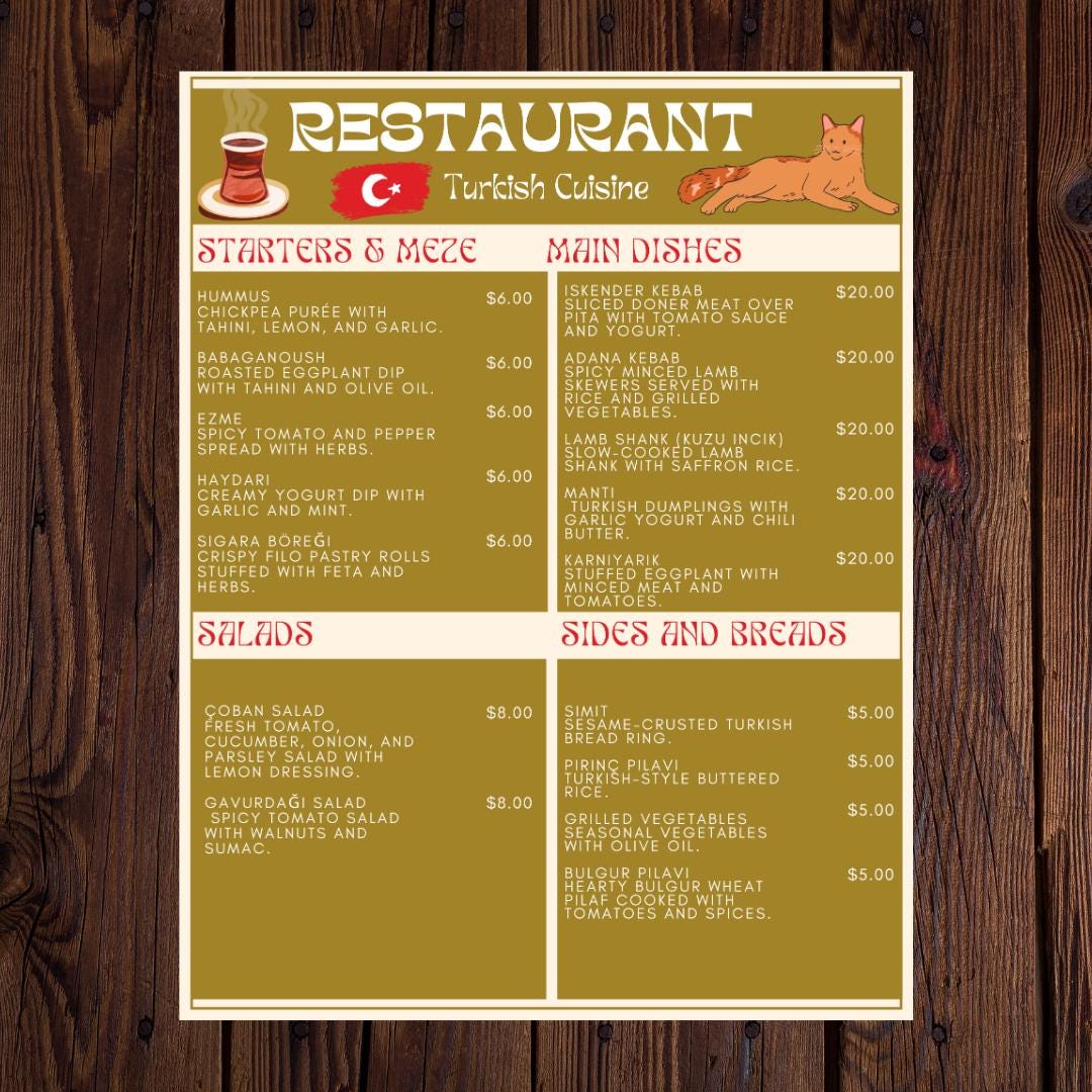 Turkish Food Menu Template – Editable Canva Menu – Printable Restaurant ...