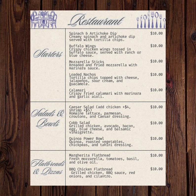 Printable Restaurant Menu Template: Editable Canva Design (8.5x11) - Etsy
