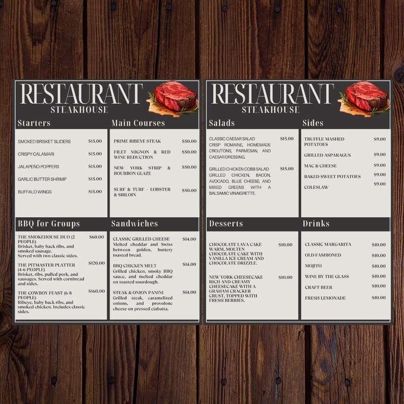 Steakhouse Menu Template – Editable Canva Menu – Printable Meat & Grill ...