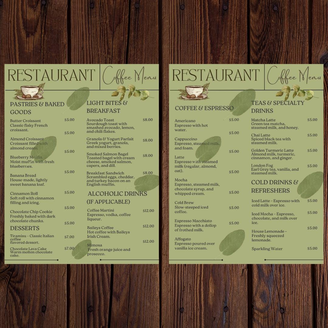 Editable Coffee Shop Menu Template: Printable Cafe Design (8.5x11 ...