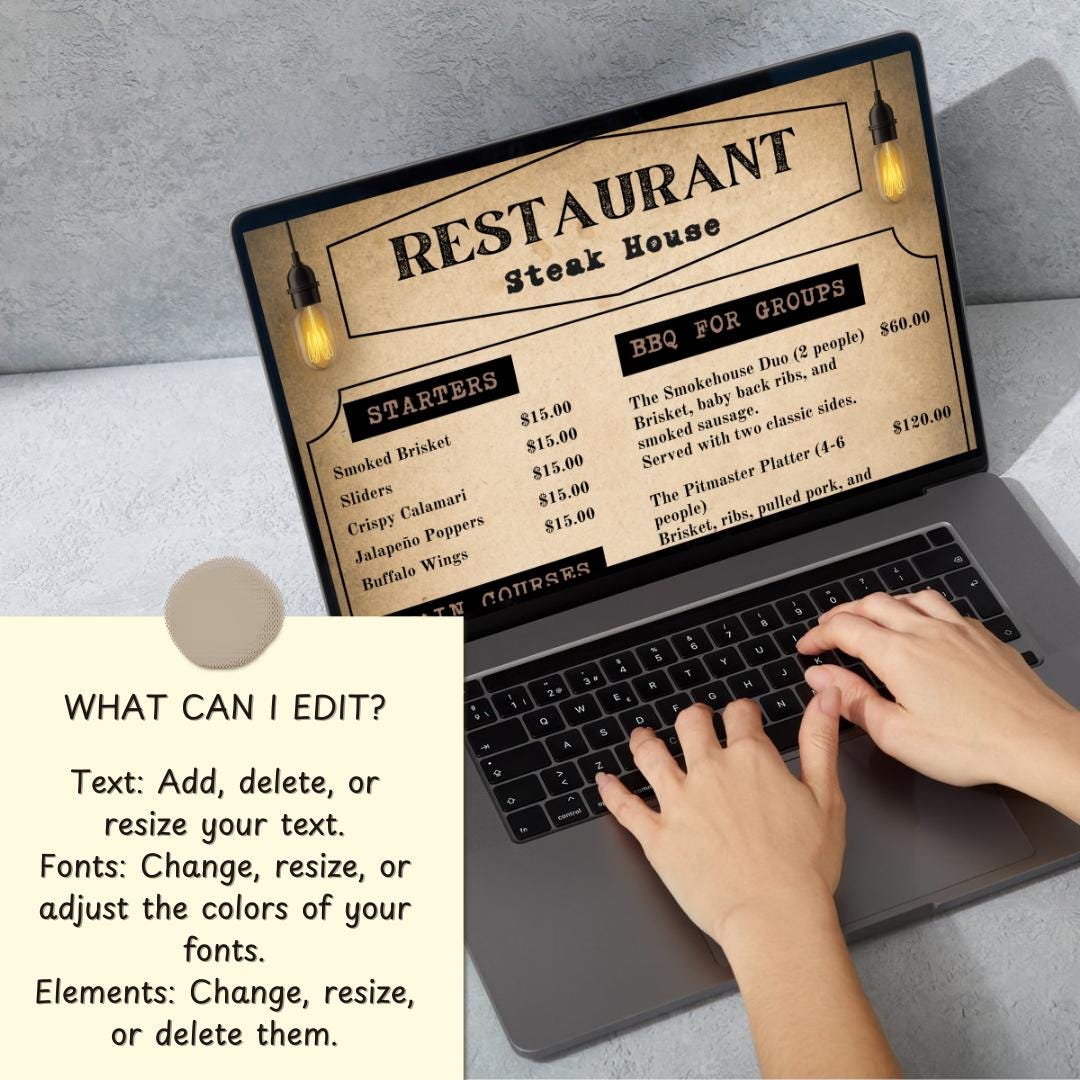 Steakhouse Menu Template: Editable Restaurant Menu (canva, 8.5x11) - Etsy
