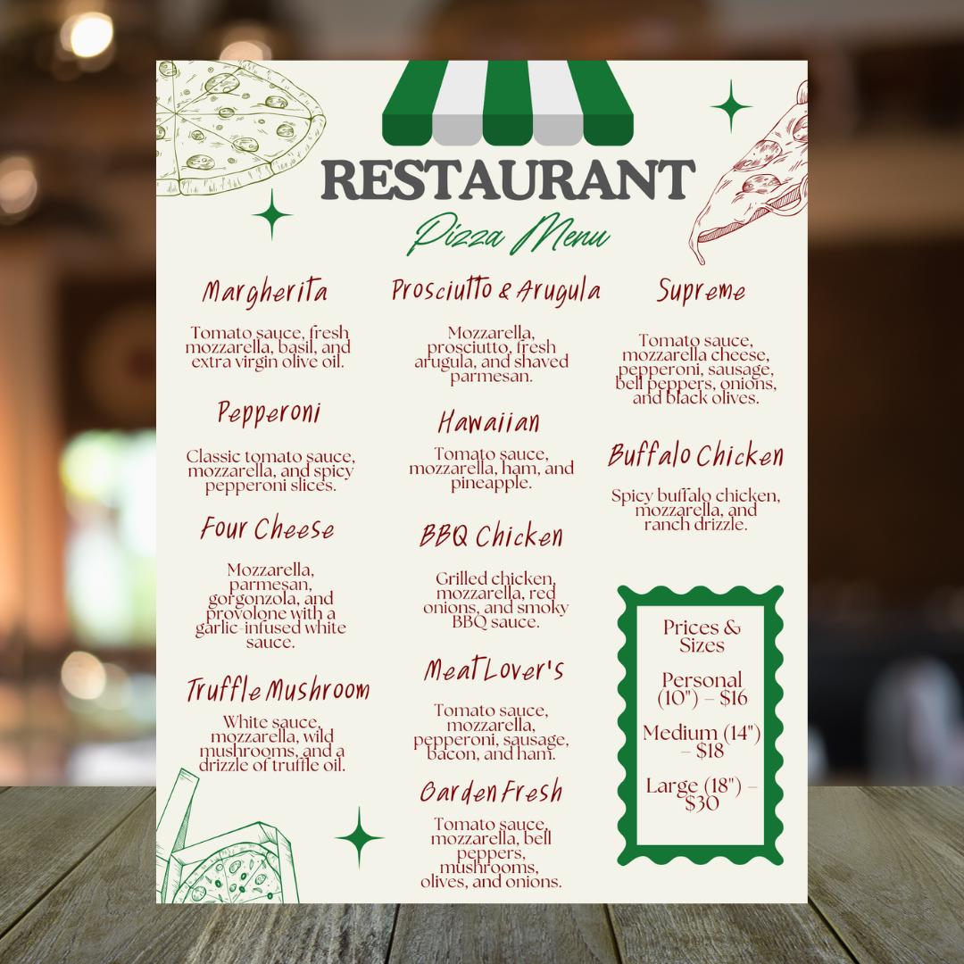 Pizza Menu Template: Editable Pizzeria Design (canva, 8.5x11) (digital ...