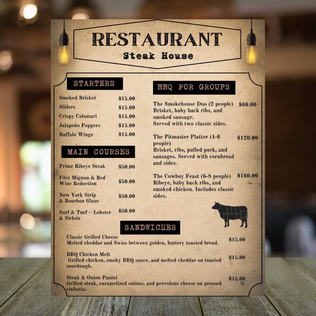 Steakhouse Menu Template: Editable Restaurant Menu (canva, 8.5x11) - Etsy