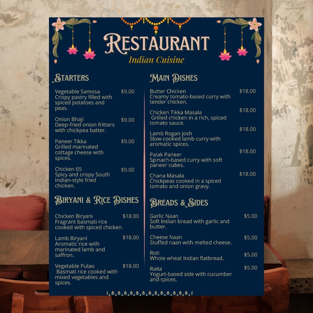 Indian Restaurant Menu Template: Editable Canva Design (8.5x11 ...