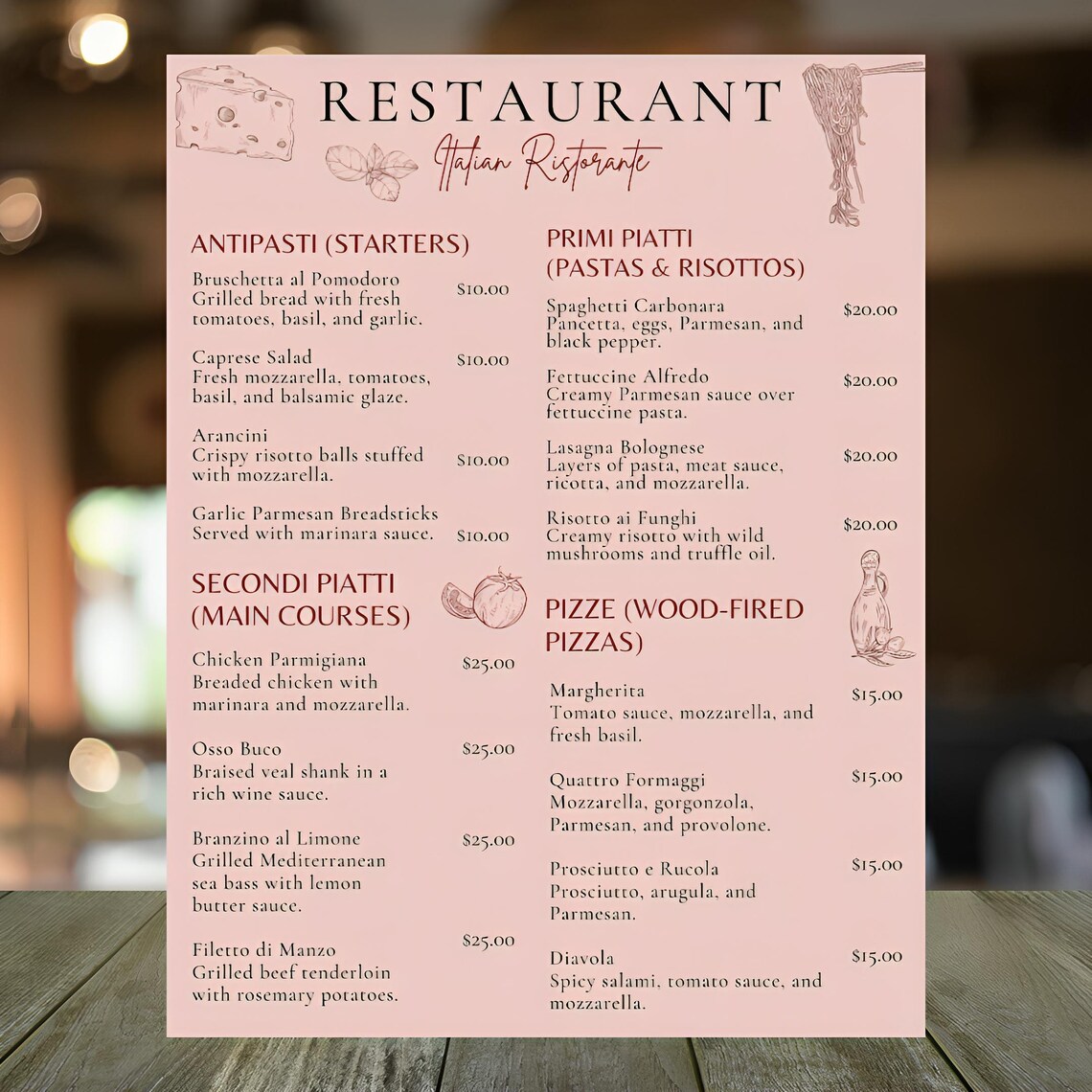 Italian Restaurant Menu Template – Editable Canva Menu – Printable ...