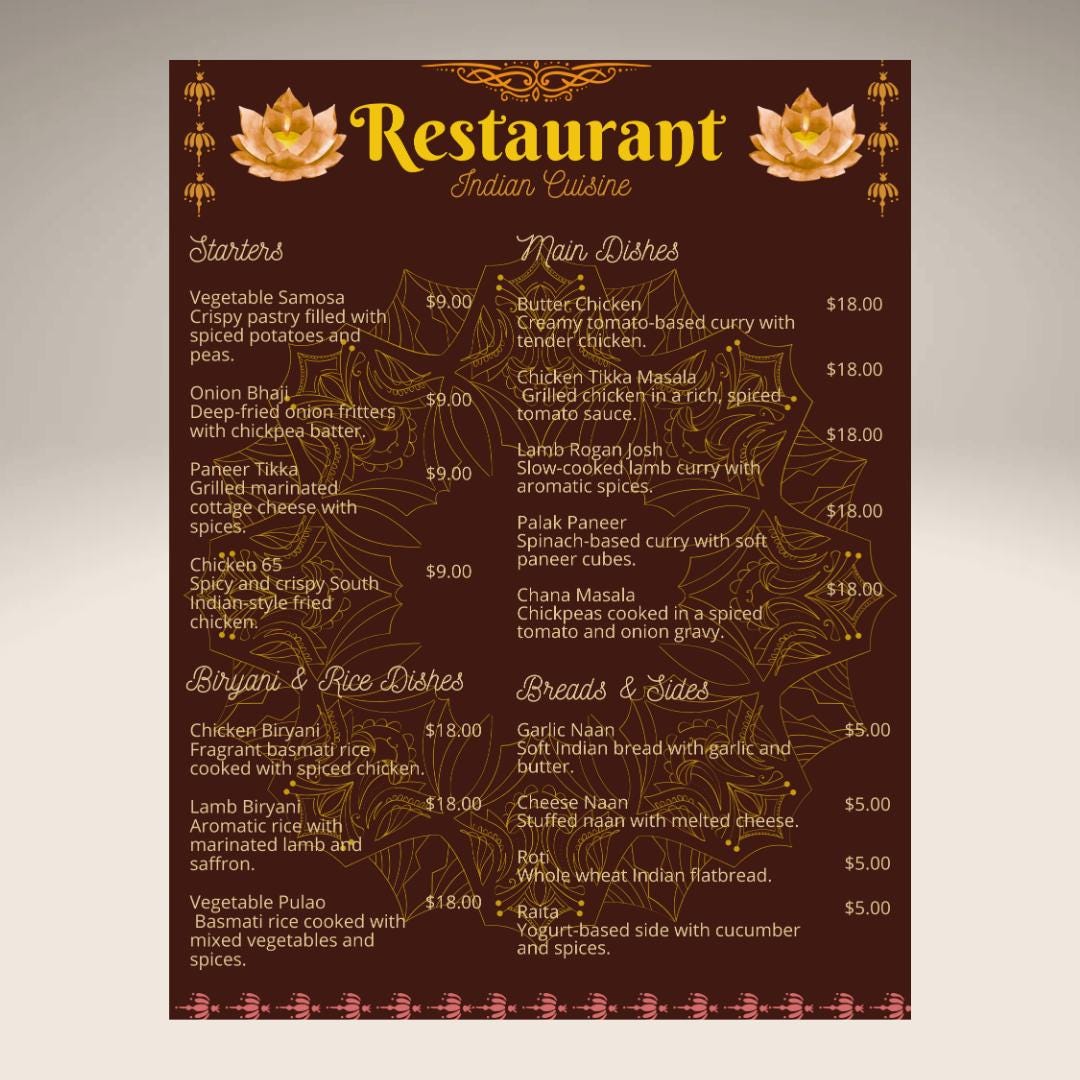 Indian Restaurant Menu Template: Curry & Tandoori Design (canva, 8.5x11 ...