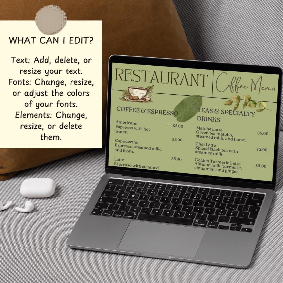 Editable Coffee Shop Menu Template: Printable Cafe Design (8.5x11 ...