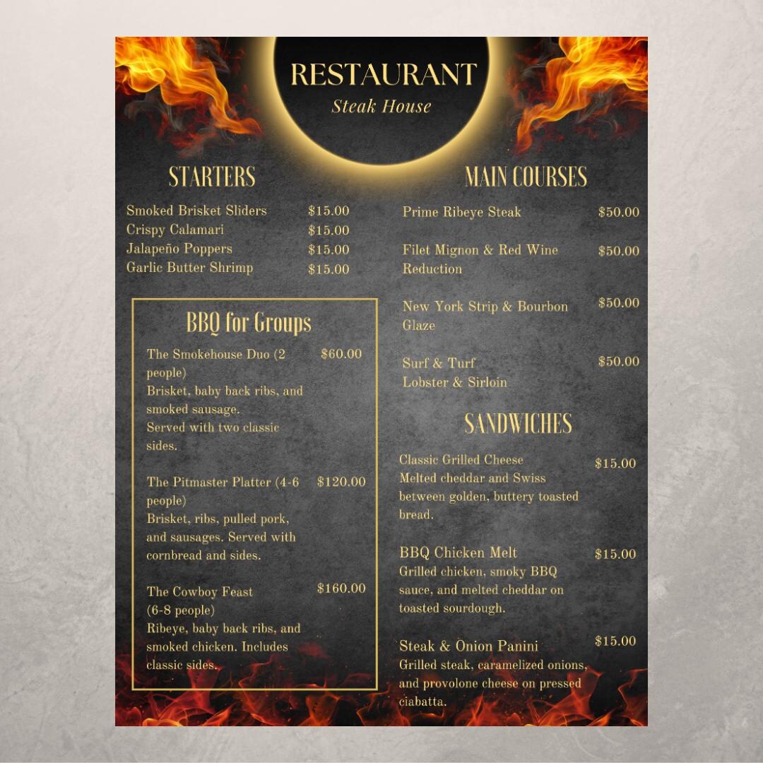 Steakhouse Menu Template – Editable Canva Menu – Printable Meat & Grill ...