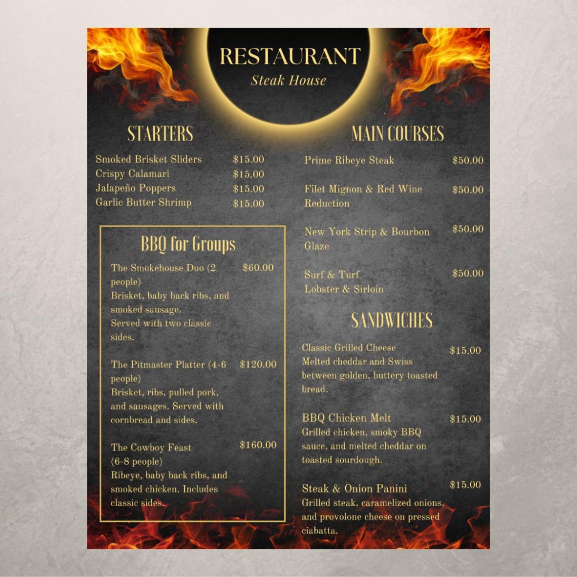 Steakhouse Menu Template – Editable Canva Menu – Printable Meat & Grill ...