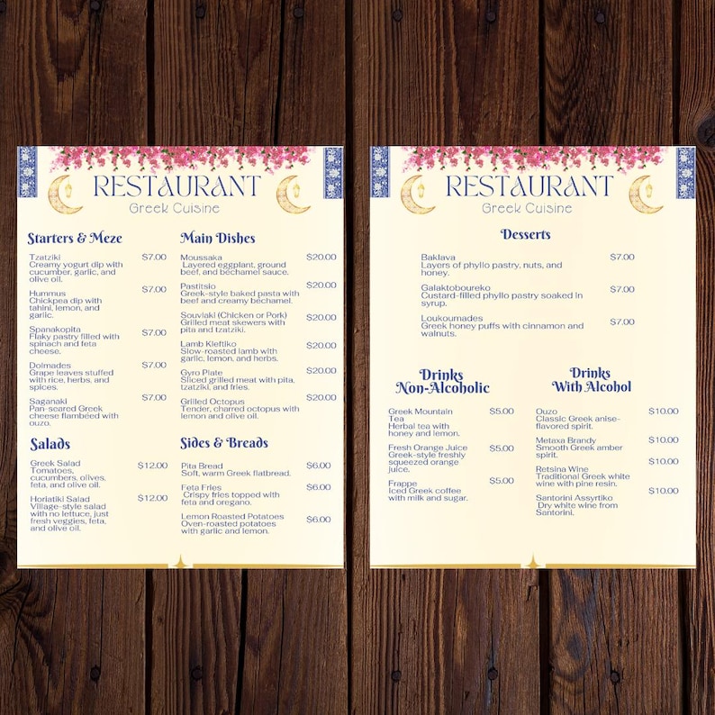 Greek Food Menu Template – Editable Canva Menu – Printable Restaurant ...