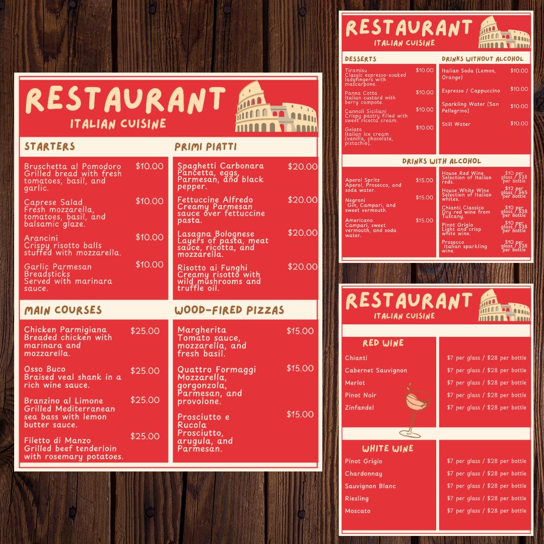 Italian Restaurant Menu Template – Editable Canva Menu – Printable ...
