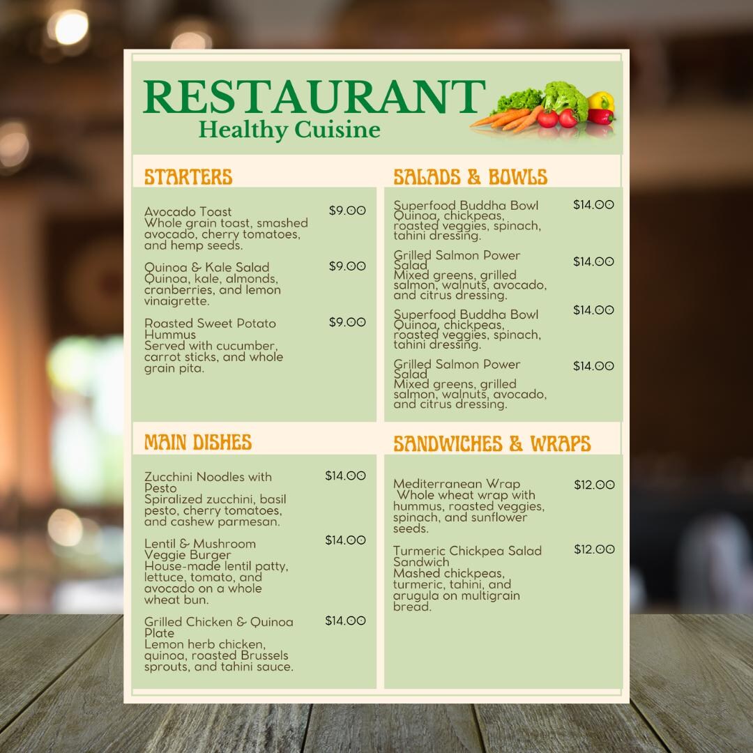 Editable Healthy Food Menu Template: Vegan Restaurant Design (canva, 8 ...