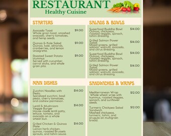 Healthy Food Menu Template – Editable Canva Menu-printable Healthy Menu ...