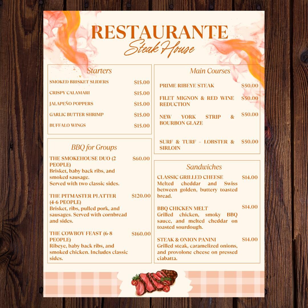 Steakhouse Menu Template – Editable Canva Menu – Printable Meat & Grill ...