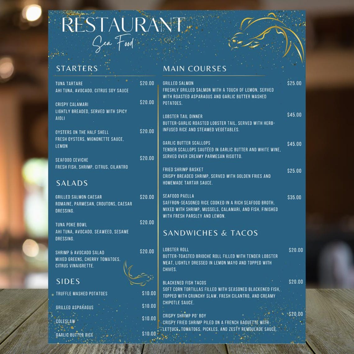 Seafood Restaurant Menu Template: Editable Fish & Grill Design (8.5x11 ...