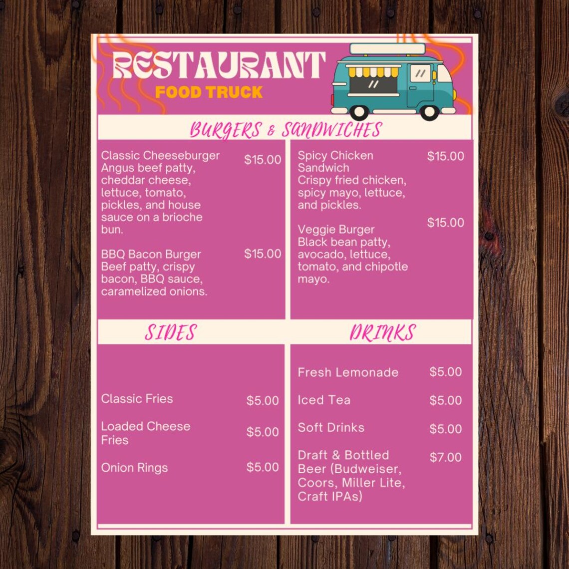 Burger Food Truck Menu Template – Editable Canva Menu – Printable ...