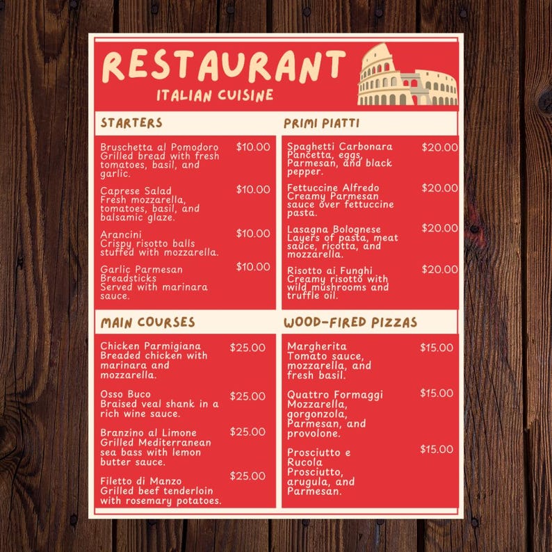 Italian Restaurant Menu Template – Editable Canva Menu – Printable ...