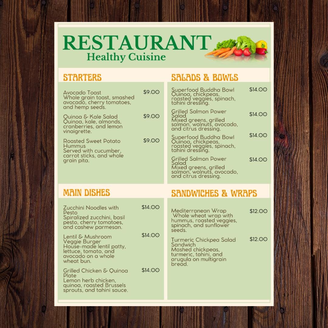 Healthy Food Menu Template – Editable Canva Menu - Printable Healthy ...