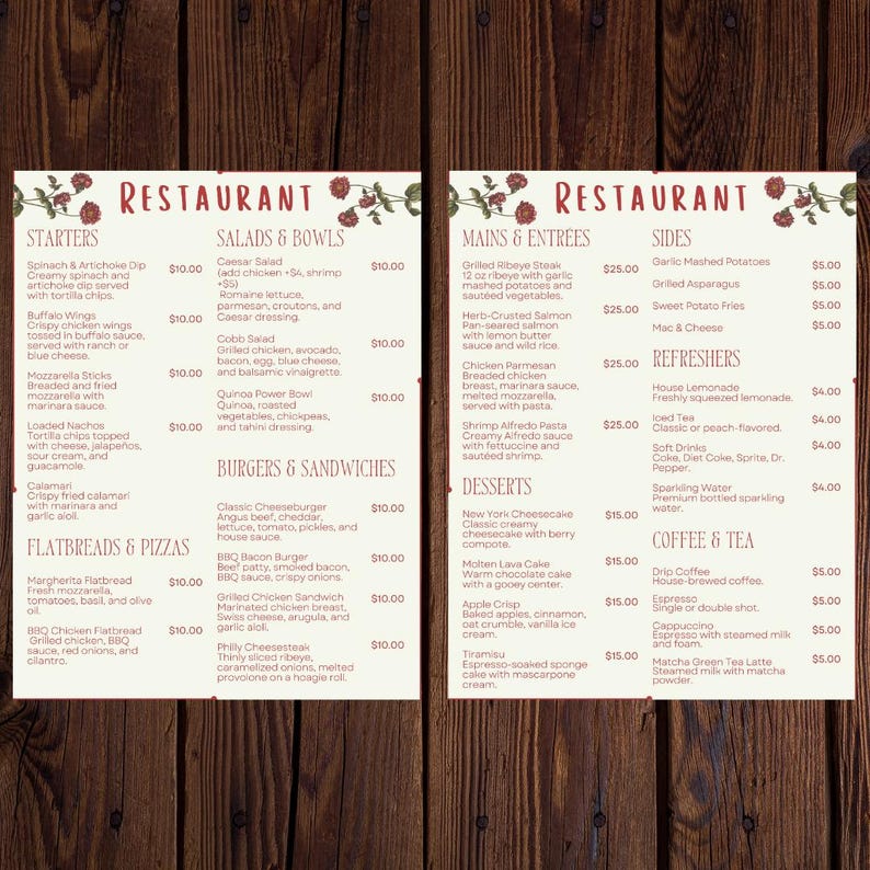 Editable Restaurant Menu Template – Printable Canva Design (8.5x11) - Etsy