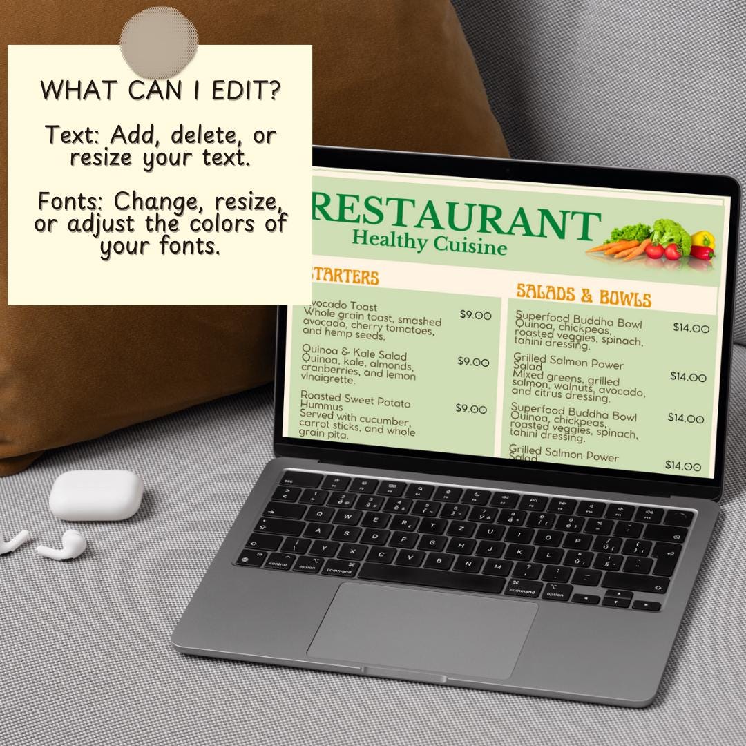 Healthy Food Menu Template – Editable Canva Menu - Printable Healthy ...
