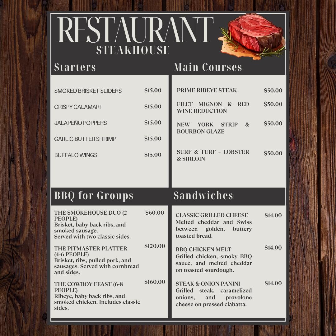 Steakhouse Menu Template – Editable Canva Menu – Printable Meat & Grill ...