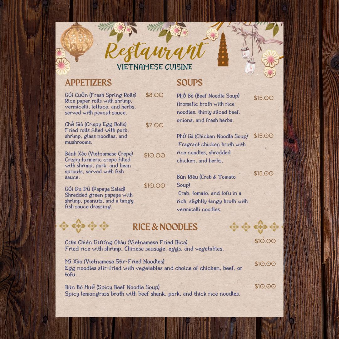 Vietnamese Restaurant Menu Template: Printable Pho & Street Food (canva ...