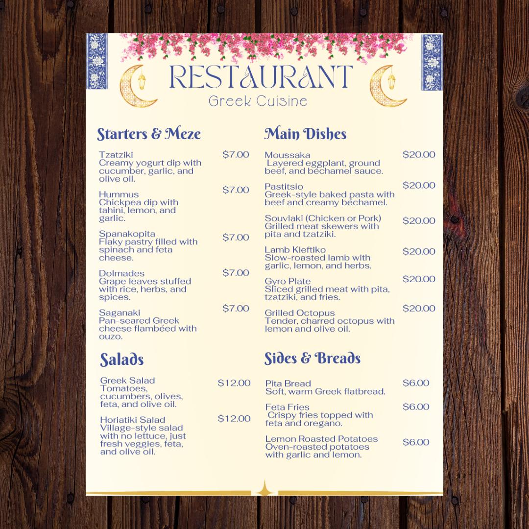 Greek Food Menu Template – Editable Canva Menu – Printable Restaurant ...