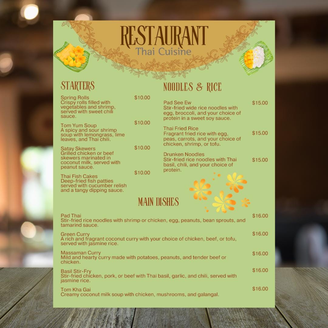 Thai Restaurant Menu Template: Editable Canva Design (8.5x11) (digital ...