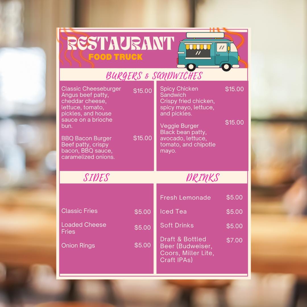 Burger Food Truck Menu Template: Editable Canva Design (8.5x11 ...