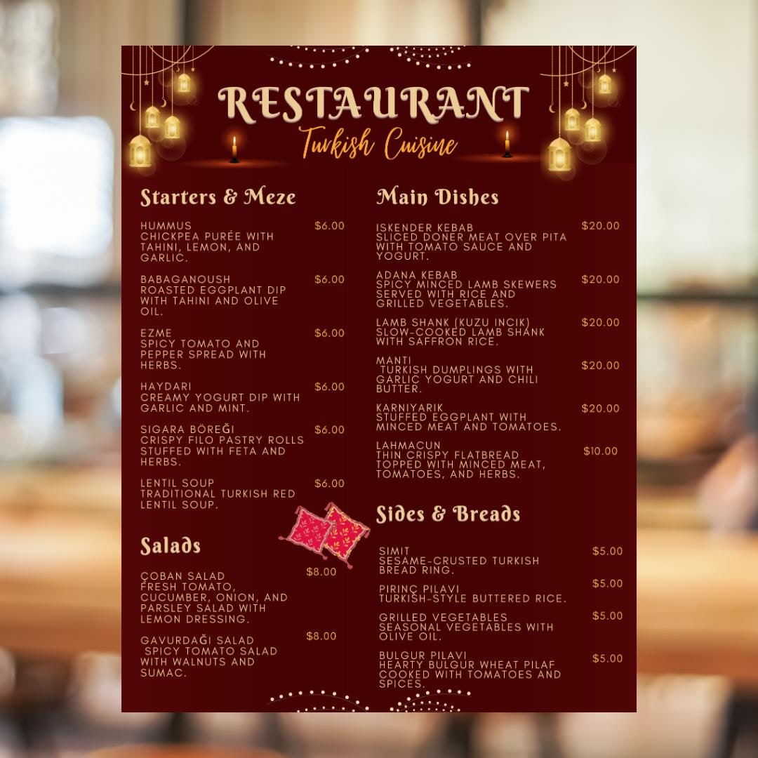 Turkish Food Menu Template – Editable Canva Menu – Printable Restaurant ...