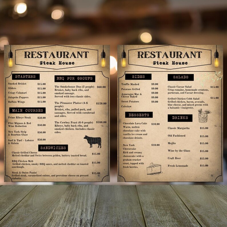 Steakhouse Menu Template: Editable Restaurant Menu (canva, 8.5x11) - Etsy