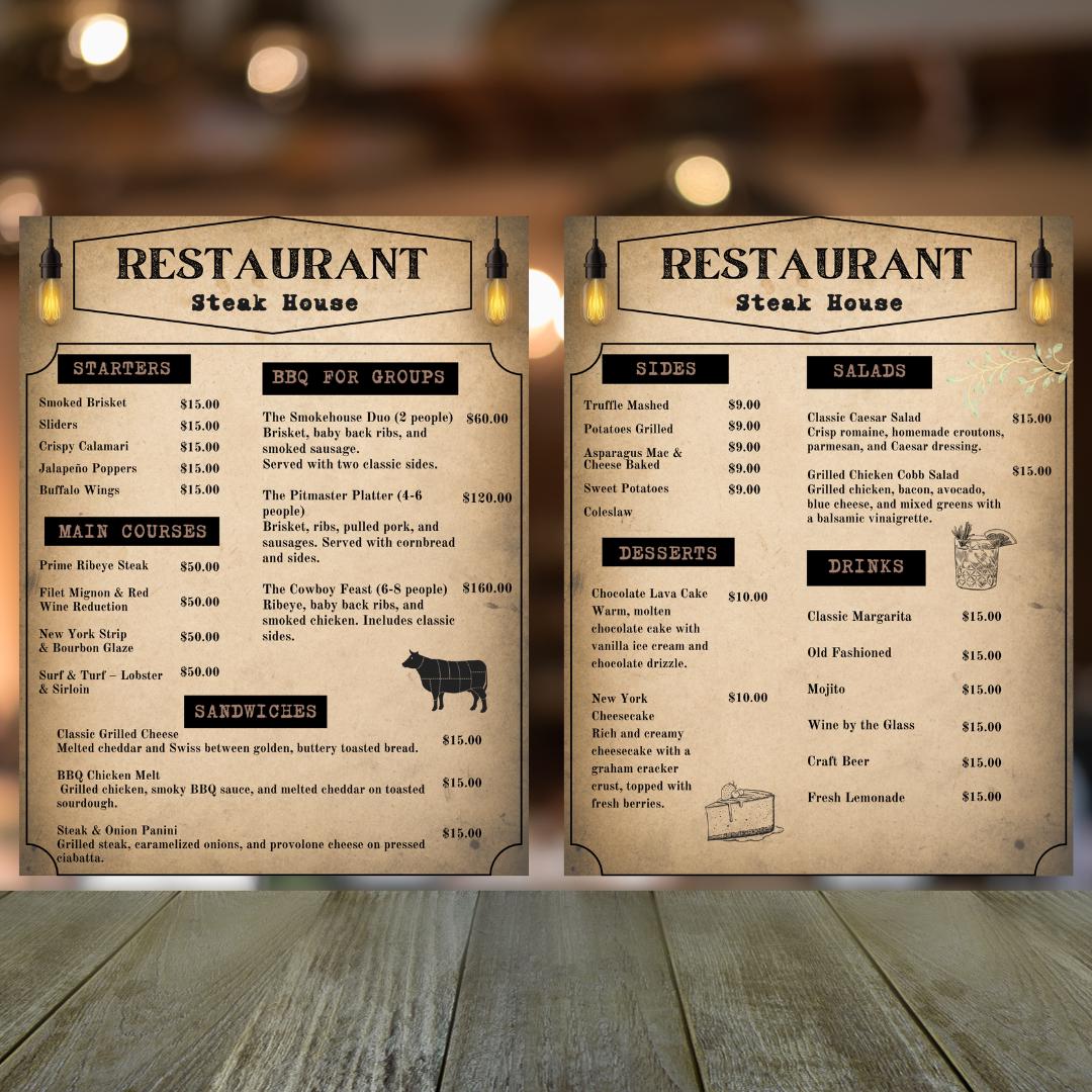 Steakhouse Menu Template: Editable Restaurant Menu (canva, 8.5x11) - Etsy