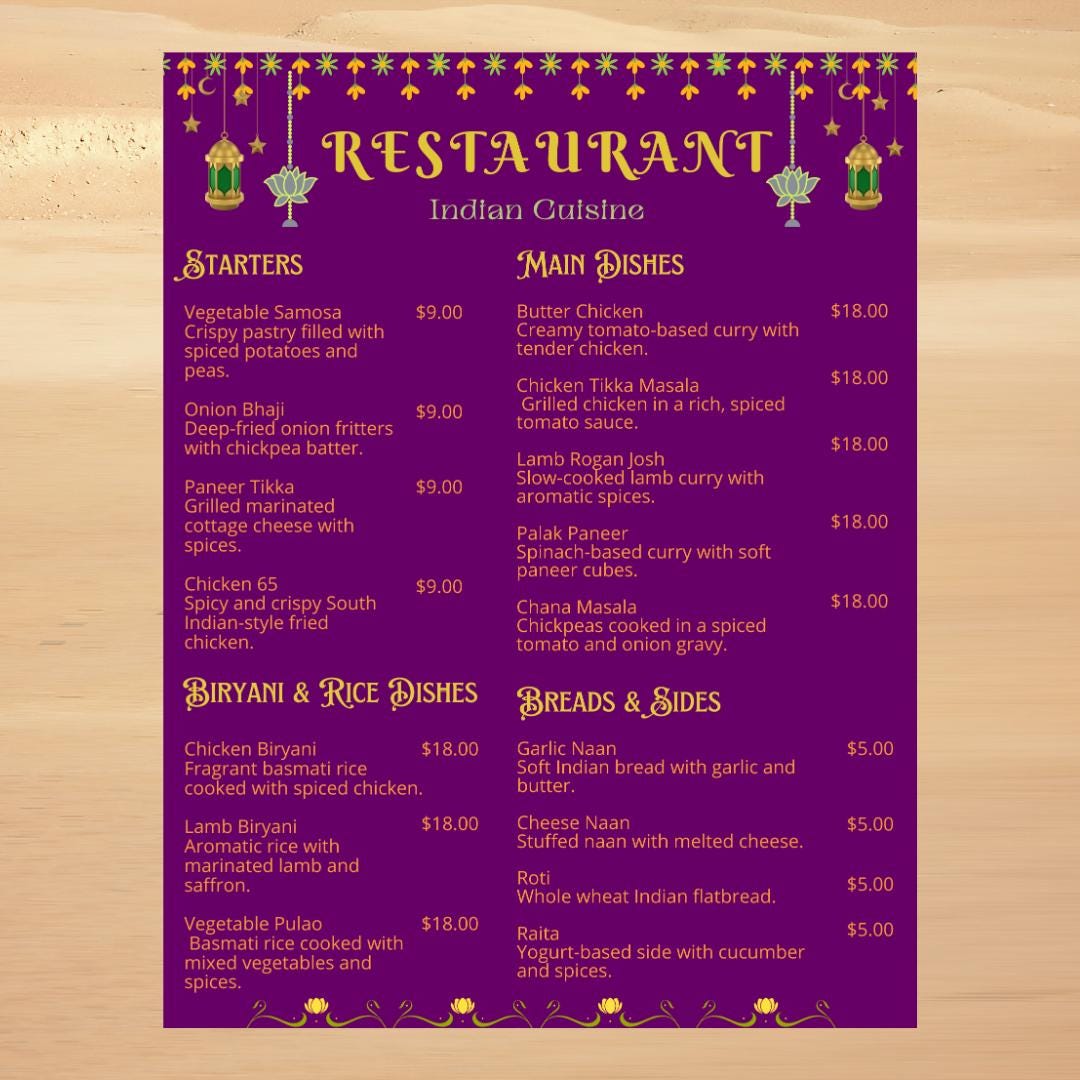 Indian Restaurant Menu Template: Editable Canva Design (8.5x11 ...