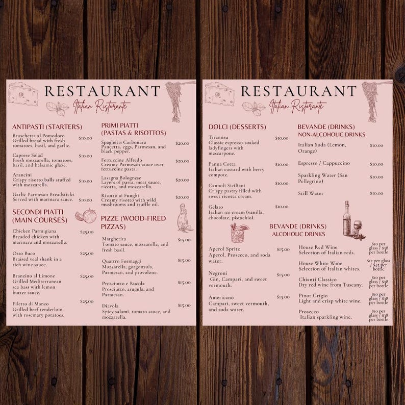 Italian Restaurant Menu Template – Editable Canva Menu – Printable ...