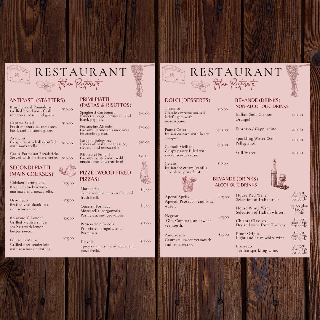 Italian Restaurant Menu Template: Pasta & Pizza (editable Canva, 8.5x11 ...