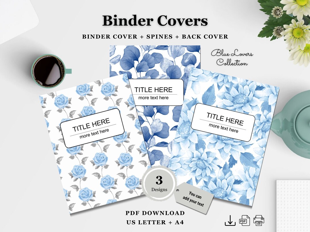 3 Blue Floral Binder Cover Printable for School and Office Organization Digital Planner Covers ...