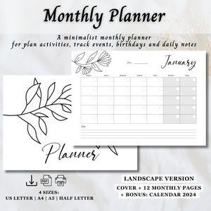 Monthly Planner Undated Printable for Desk and Wall Landscape Planner ...