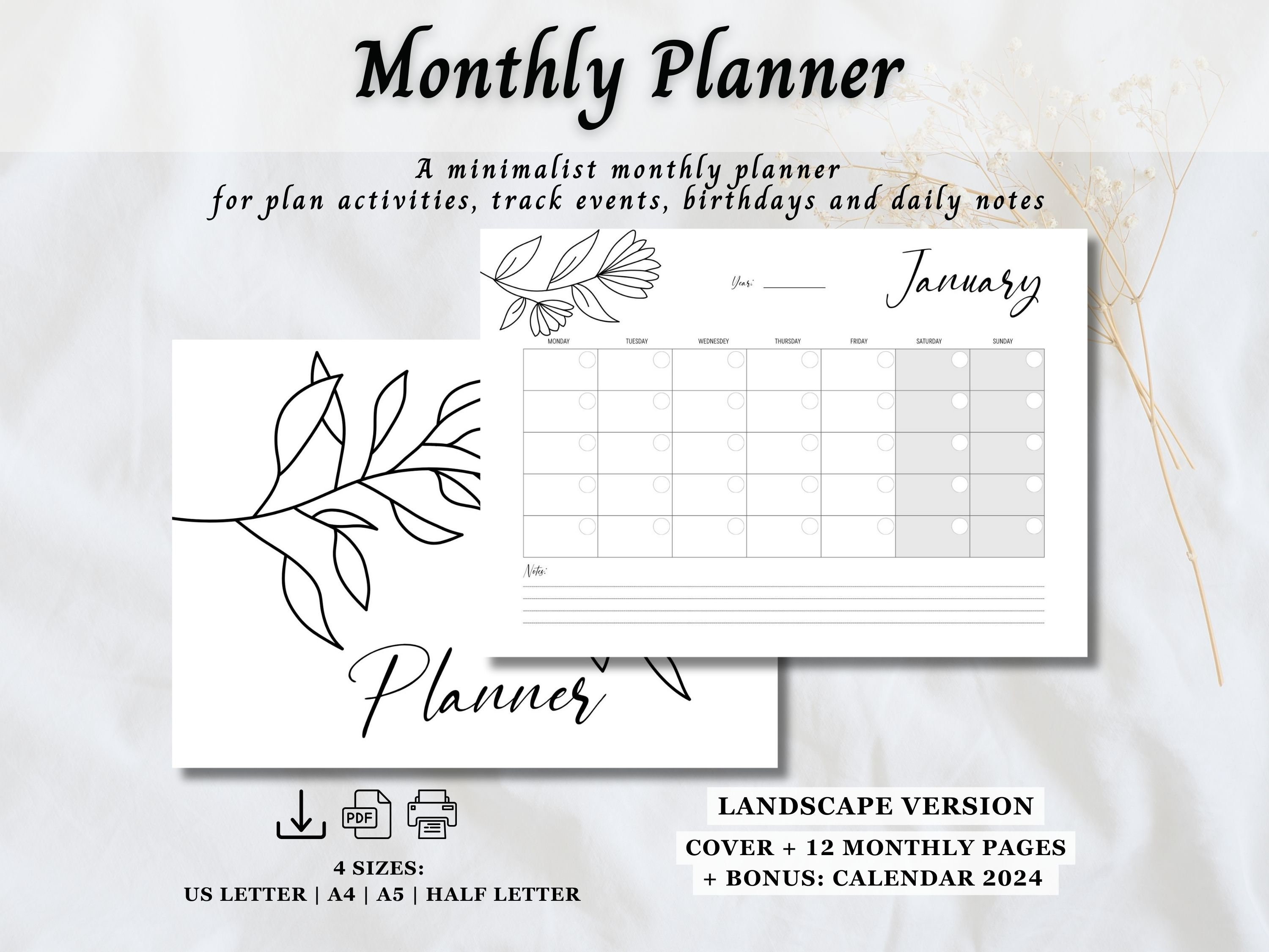 Monthly Planner Undated Printable for Desk and Wall Landscape Planner ...