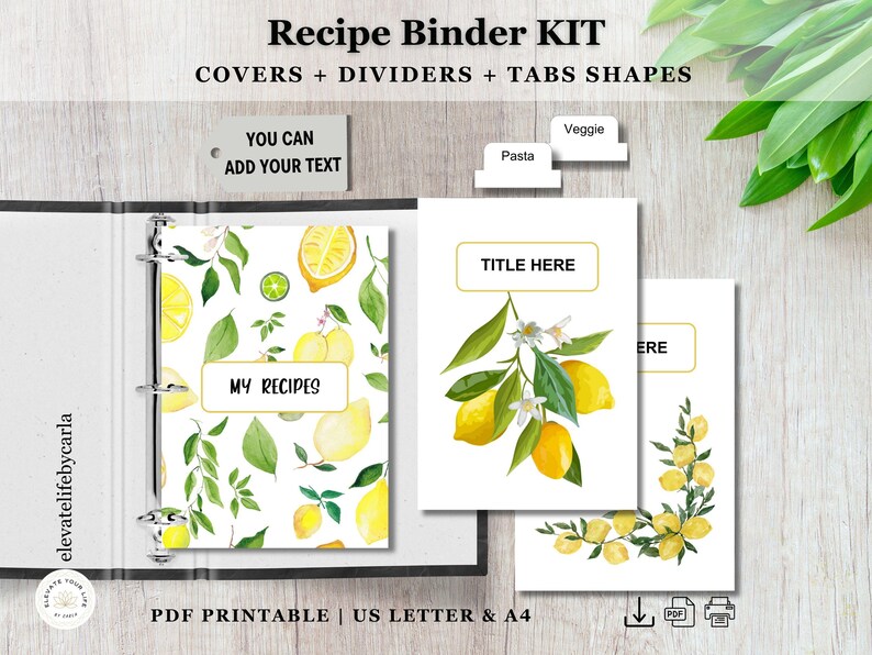 Personalized Recipe Binder - Lemon Pages Set - Printable Covers ...