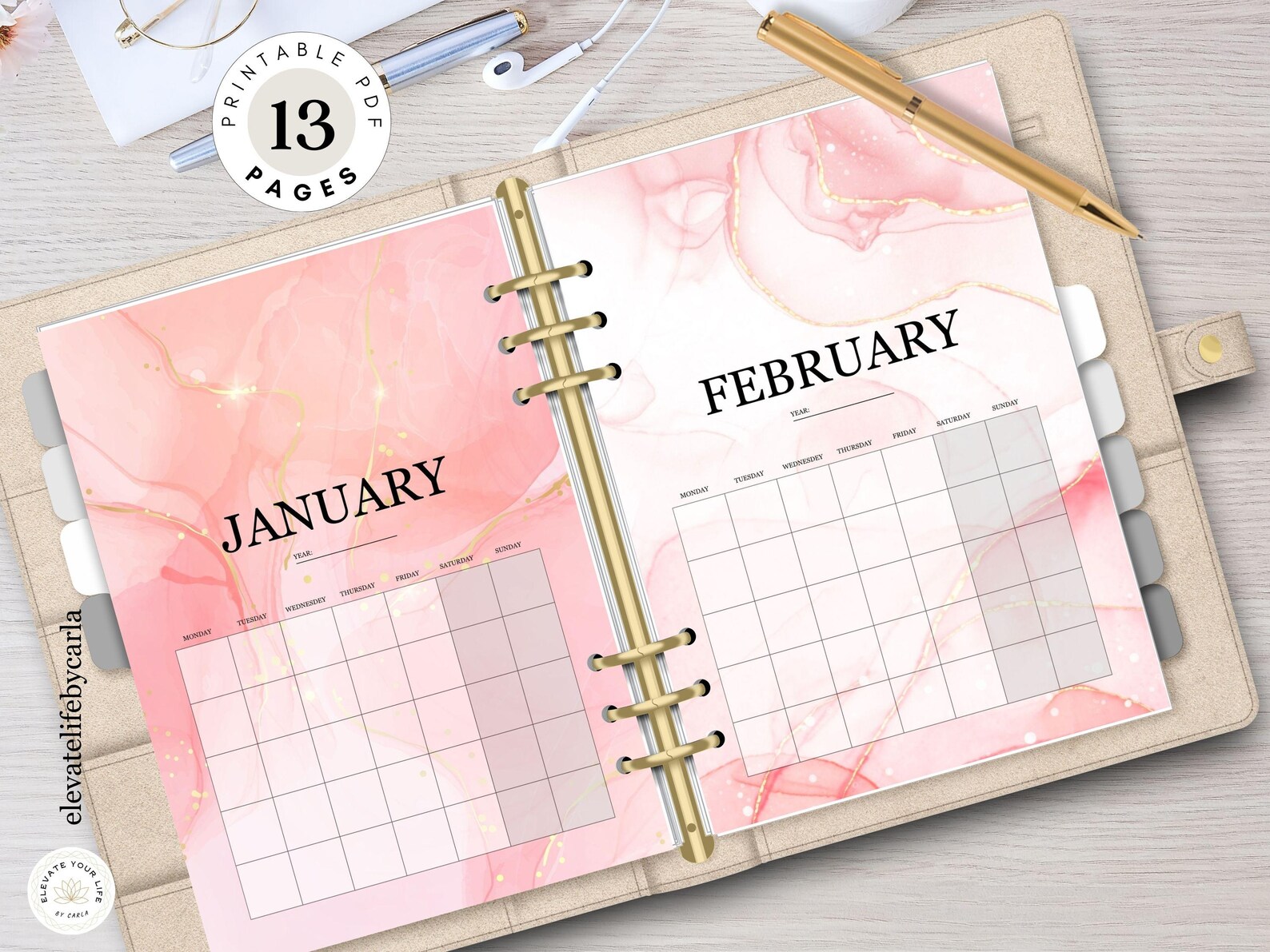 Watercolor Pink Monthly Planner Inserts - Undated Printable Calendar ...