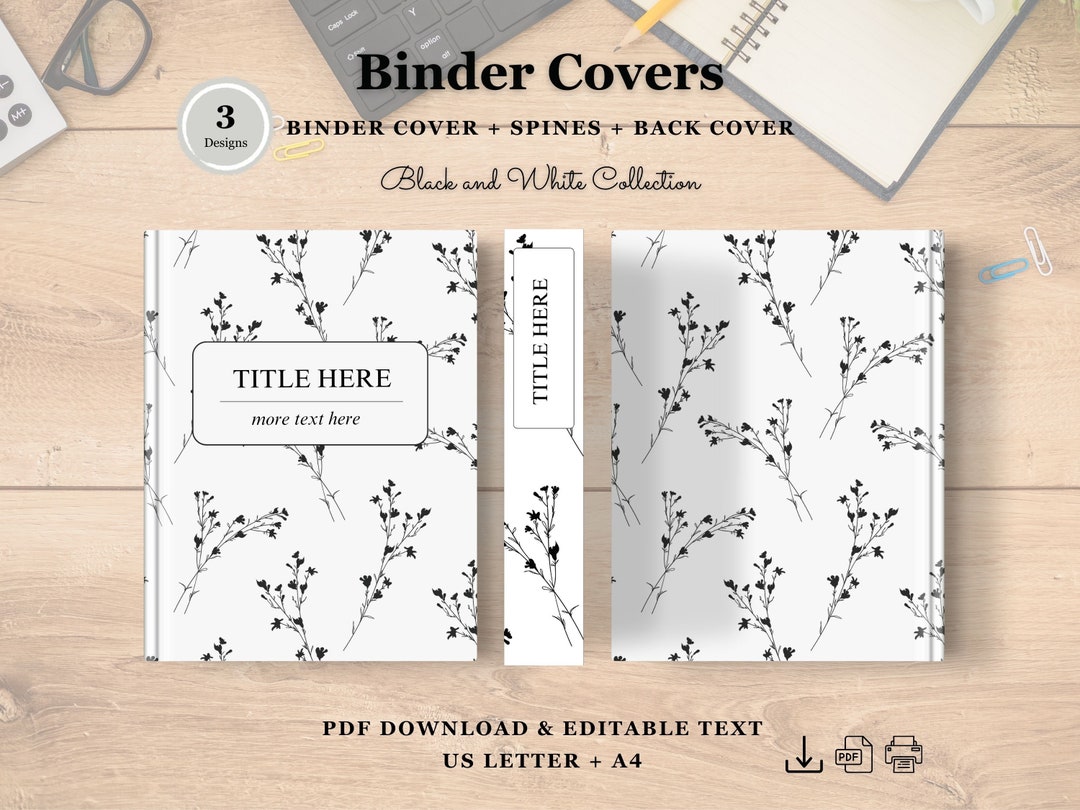 3 Editable Black & White Floral Binder Cover Printable for School and ...