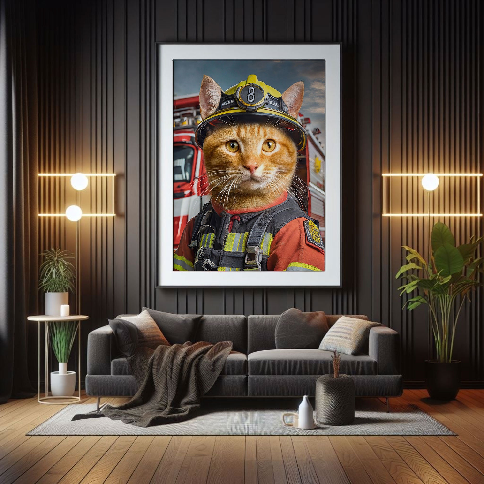 Custom Firefighter Orange Tabby Cat Portrait From Photo, Digital Wall ...