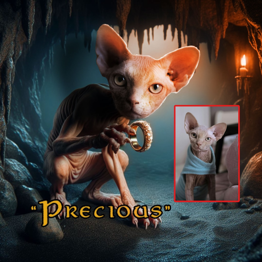 Funny Custom Hairless Sphynx Cat as Gollum Digital Art Personalized Pet ...