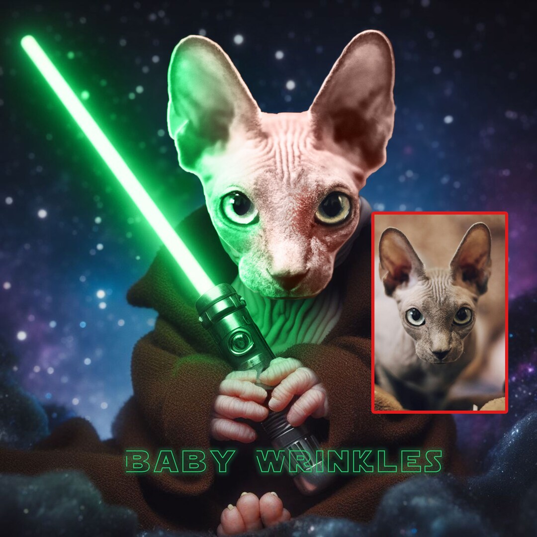 Funny Custom Baby Yoda Hairless Sphynx Cat Portrait From Photo Digital ...